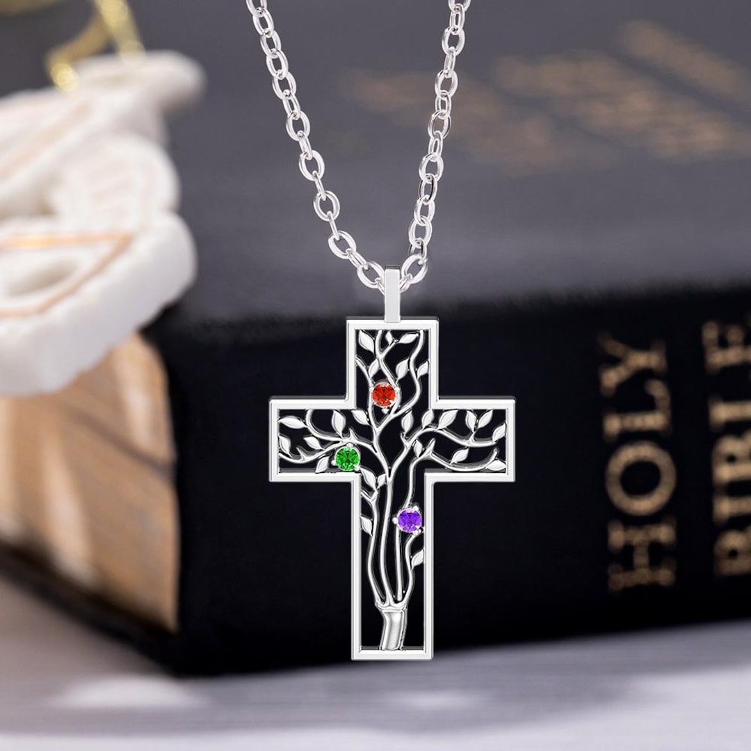 Personalized Cross Birthstones Family Tree Necklace | Dainty Jewelry ...