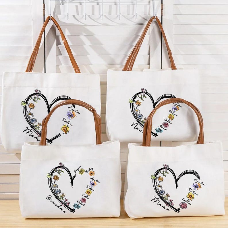 Personalized Birth Flower Canvas Tote Bag, Custom 1-6 Kid Names ...