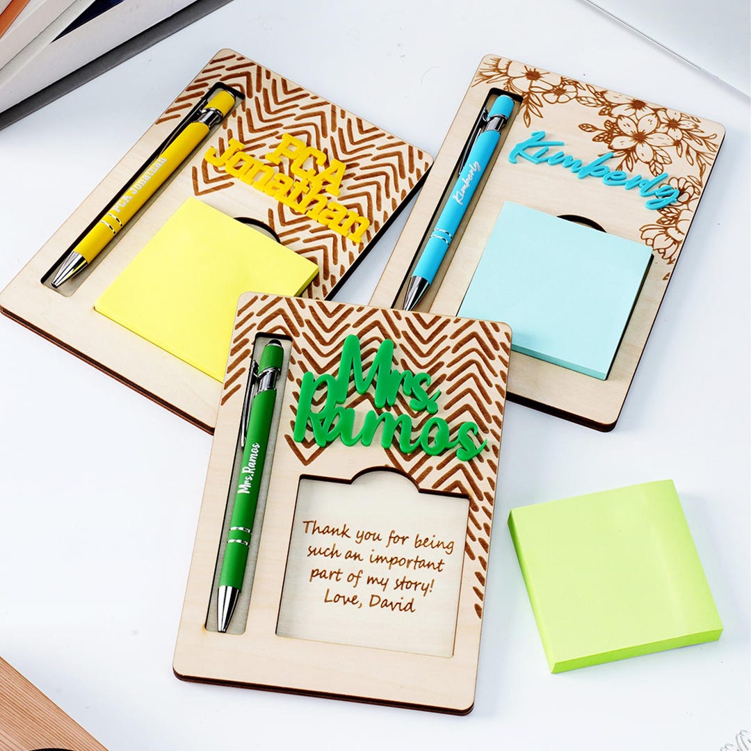 Personalized Acrylic Name Sticky Note Holder Set—wooden Base With Pen ...