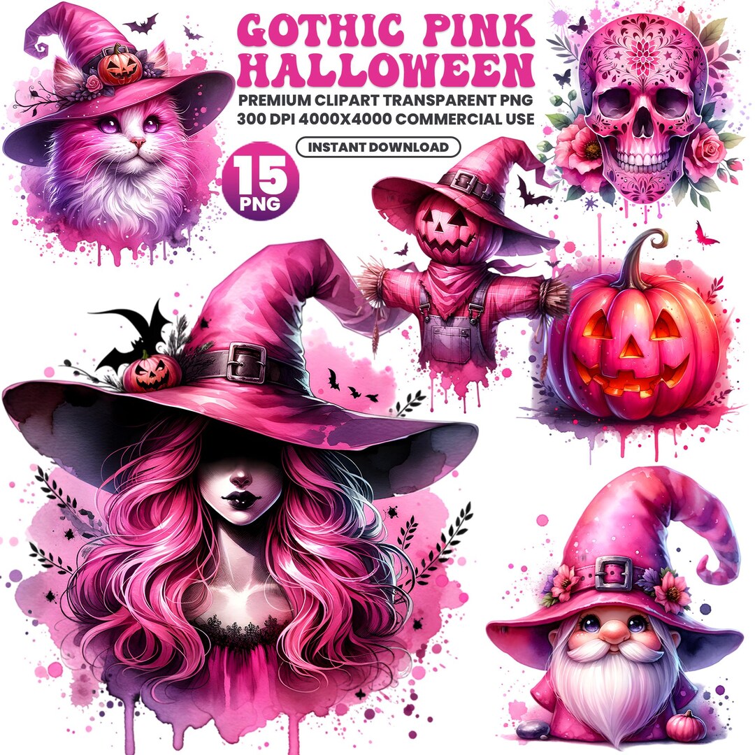 Pink Pastel Goth Halloween Clipart Png Bundle, Pink Halloween Clipart ...