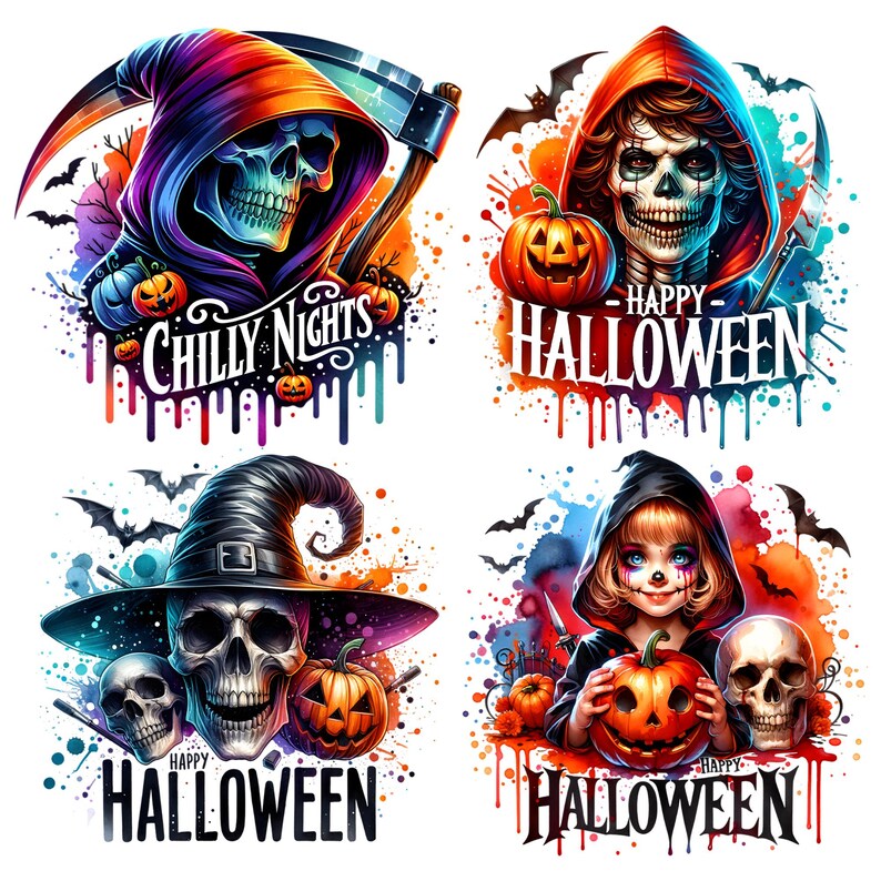 Halloween Clipart PNG Bundle, Spooky Watercolor Graphics (digital ...
