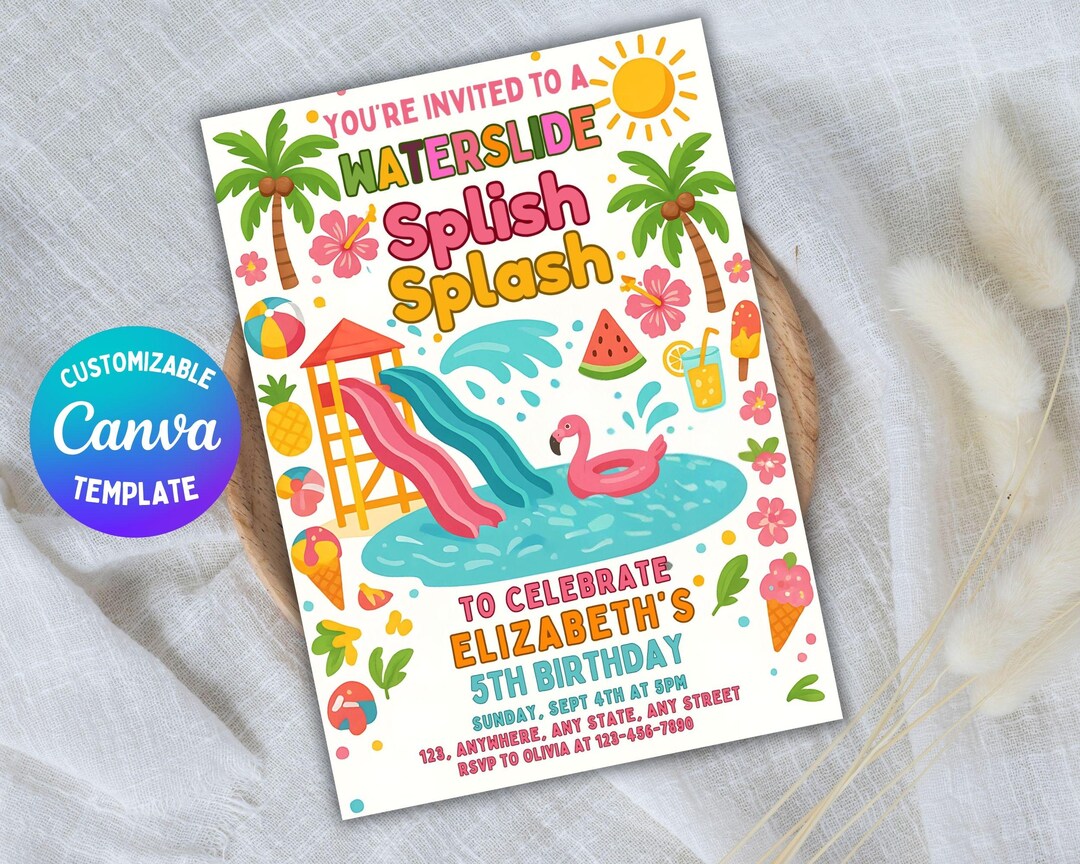 Editable Waterslide Birthday Invitation, Summer Splash Pool Party Evite ...