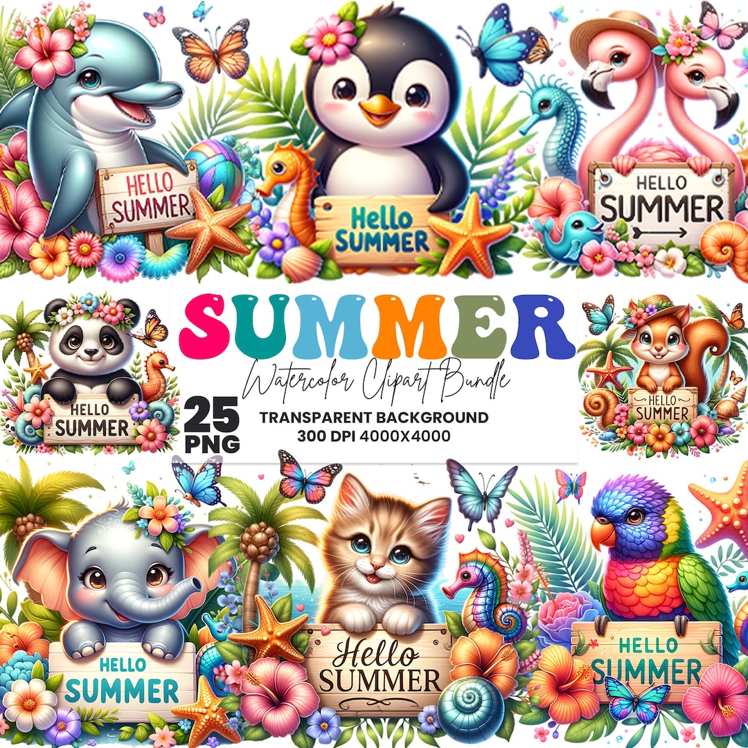Summer Animals Clipart Bundle: Beach Sublimation Designs (PNG, 300 DPI ...