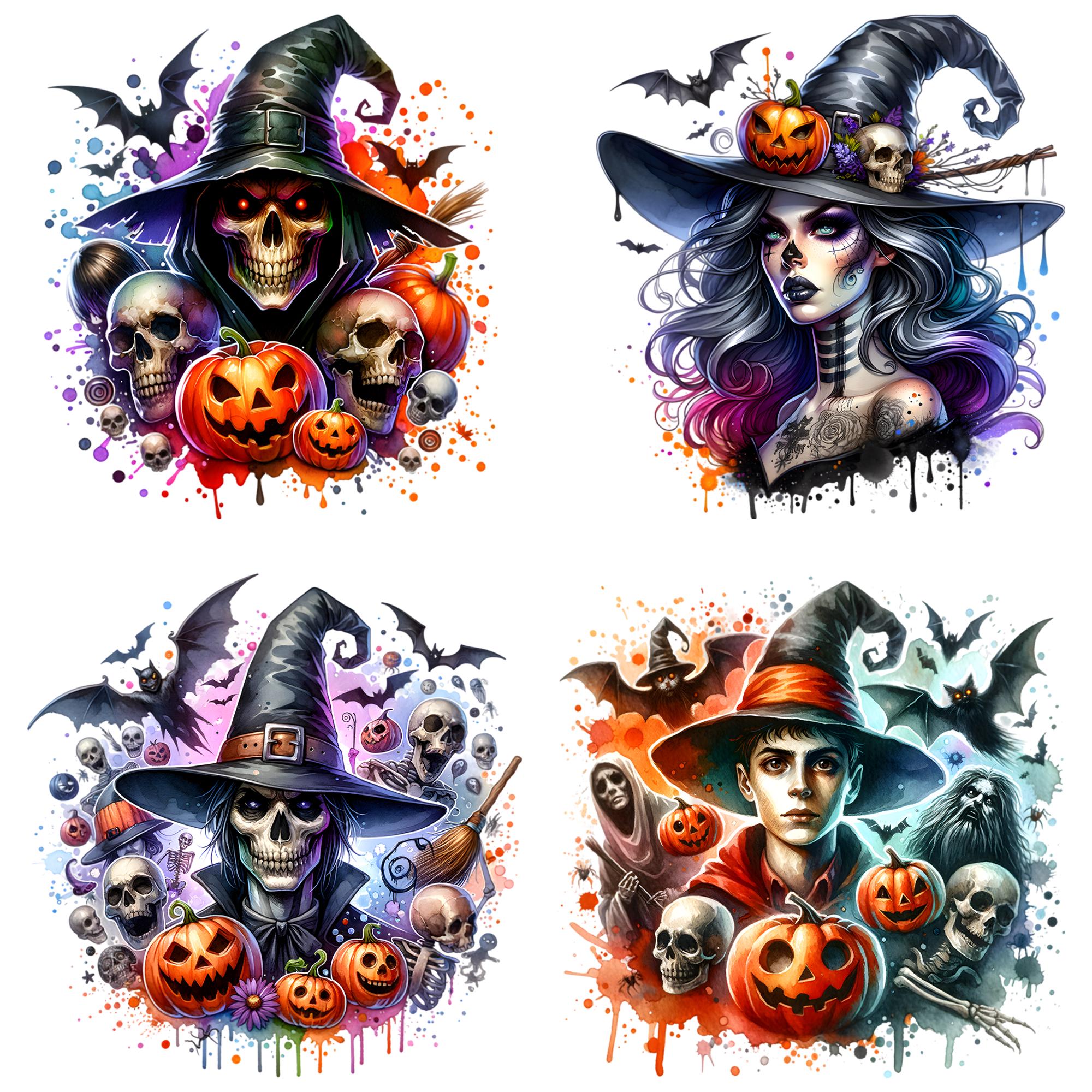 Watercolor Halloween Clipart PNG Bundle, Spooky Witch, Pumpkin ...