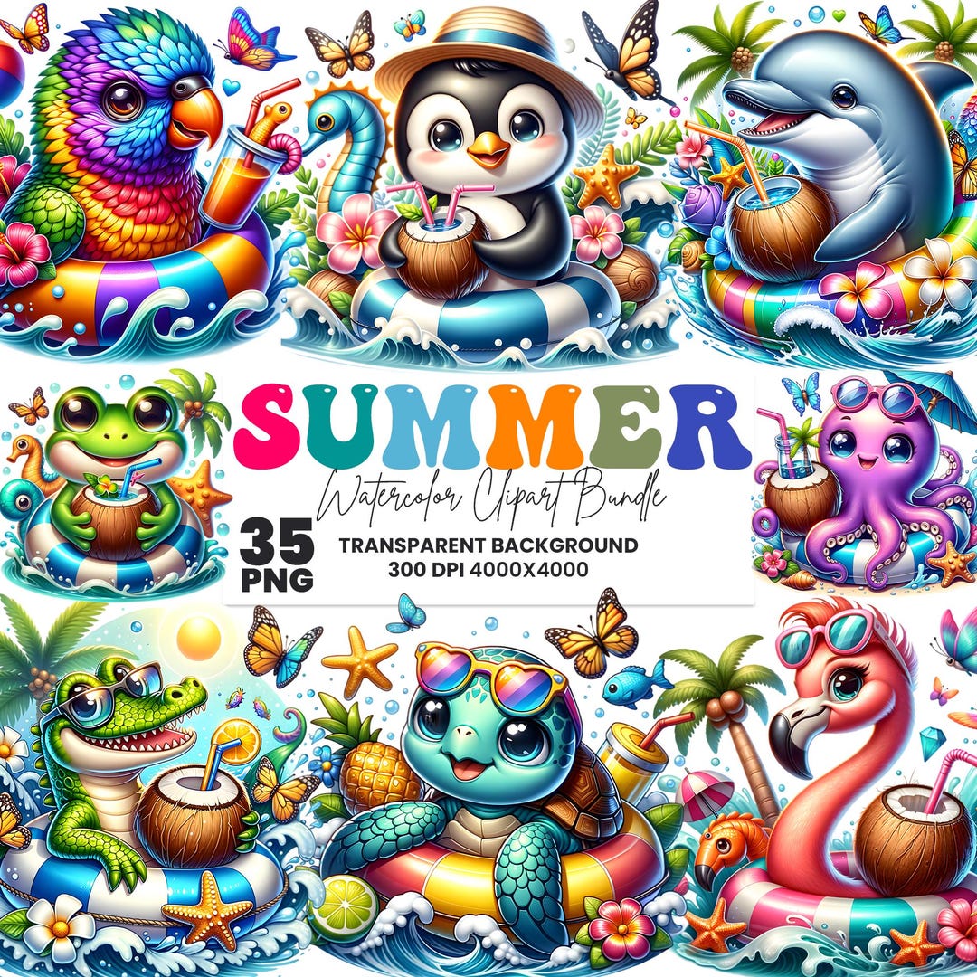 Summer Clipart PNG Bundle, Pool Party PNG, Beach Party Clipart, Summer ...
