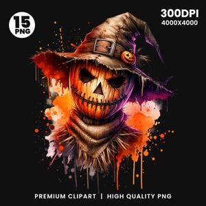 Watercolor Halloween Clipart PNG Bundle, Spooky Witch, Pumpkin ...