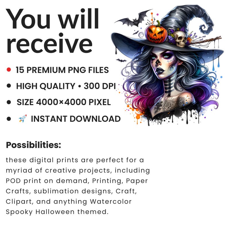 Watercolor Halloween Clipart PNG Bundle, Spooky Witch, Pumpkin ...