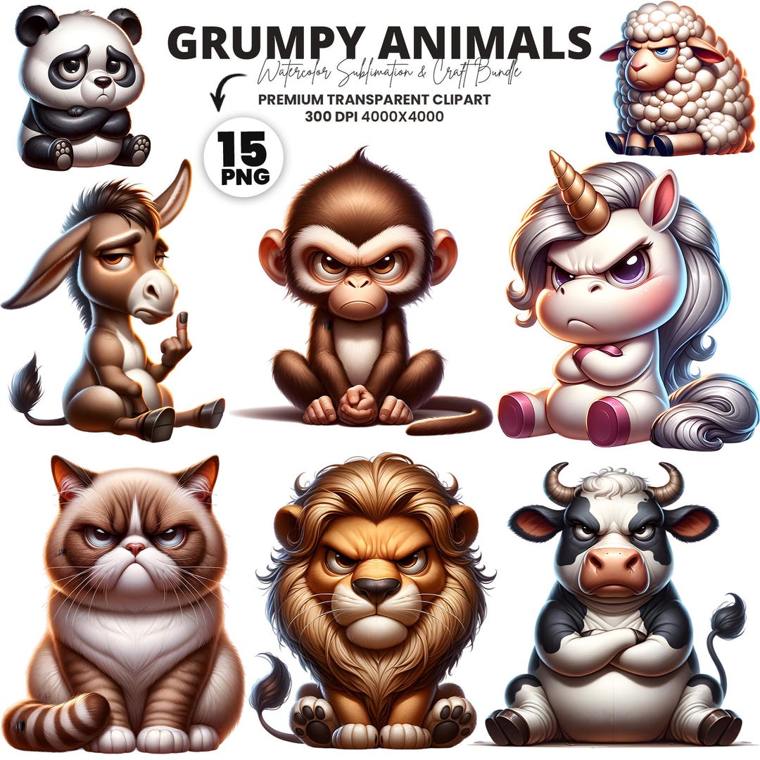 Funny Grumpy Animals Clipart Bundle: Safari & Zoo PNG (15 Files) - Etsy