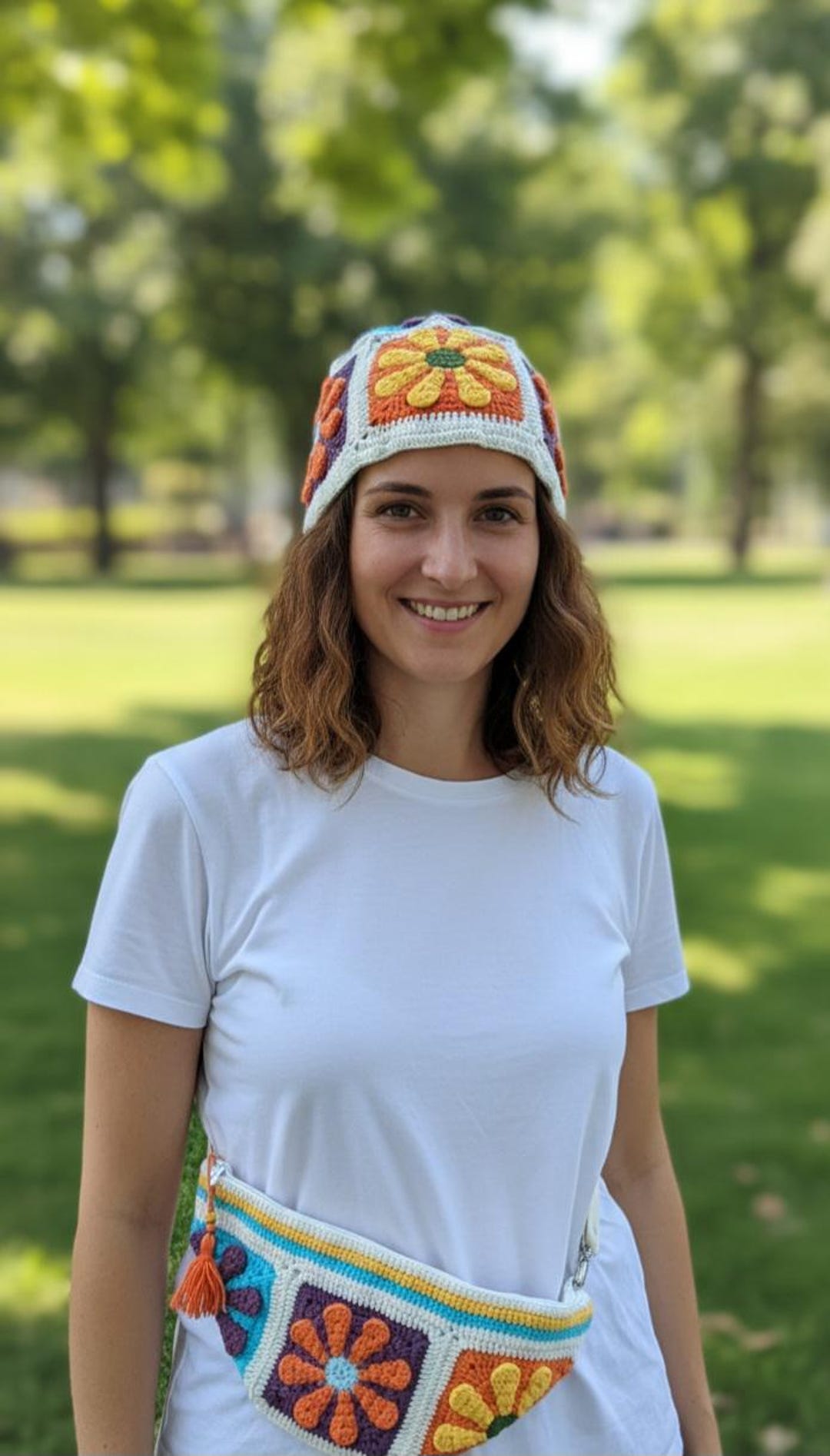 Handmade Crochet Granny Square Set: Floral Hat & Fanny Pack - Etsy