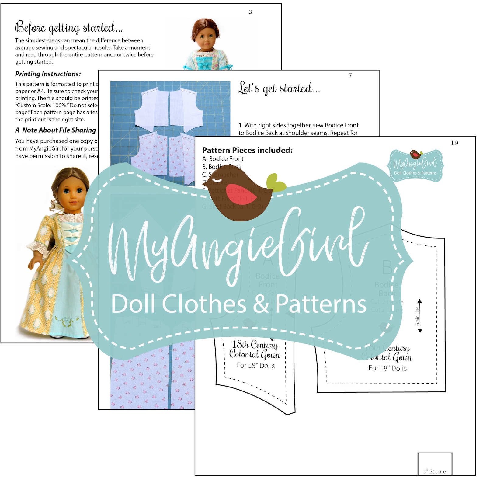 18th Century Colonial Gown for 18 Inch Dolls - PDF Sewing Pattern by ...