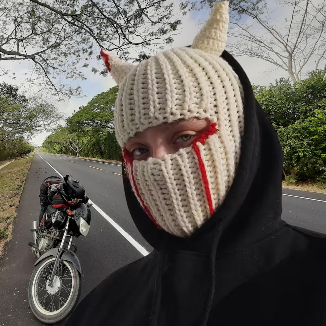 Chunky Plush Demon Balaclava With Horns, Knit Monster Ski Mask, Gothic ...