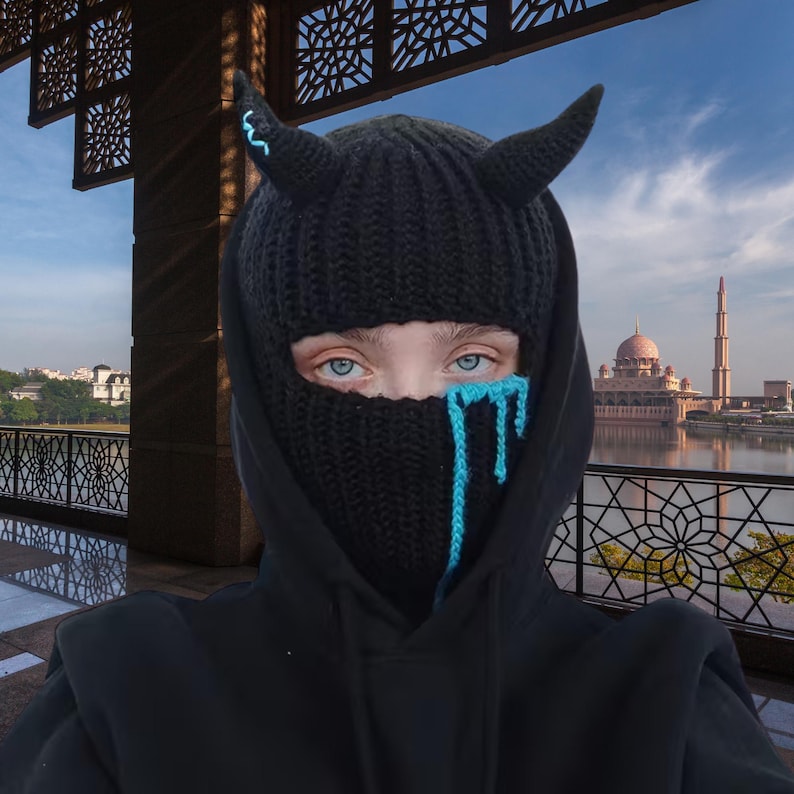 Chunky Plush Demon Balaclava With Horns, Knit Monster Ski Mask, Gothic ...