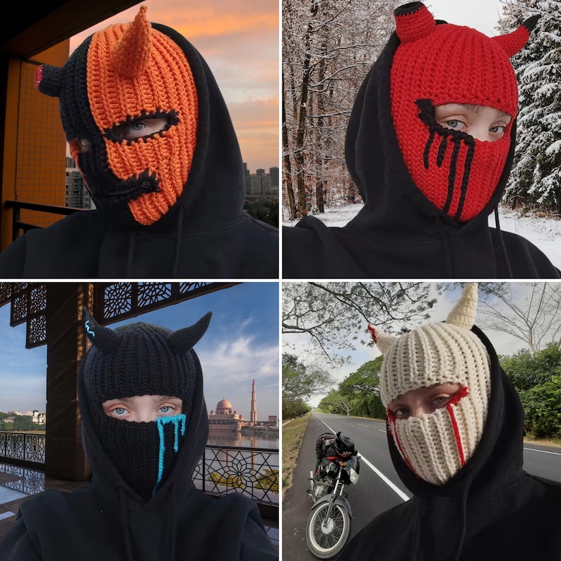 Chunky Plush Demon Balaclava With Horns, Knit Monster Ski Mask, Gothic ...