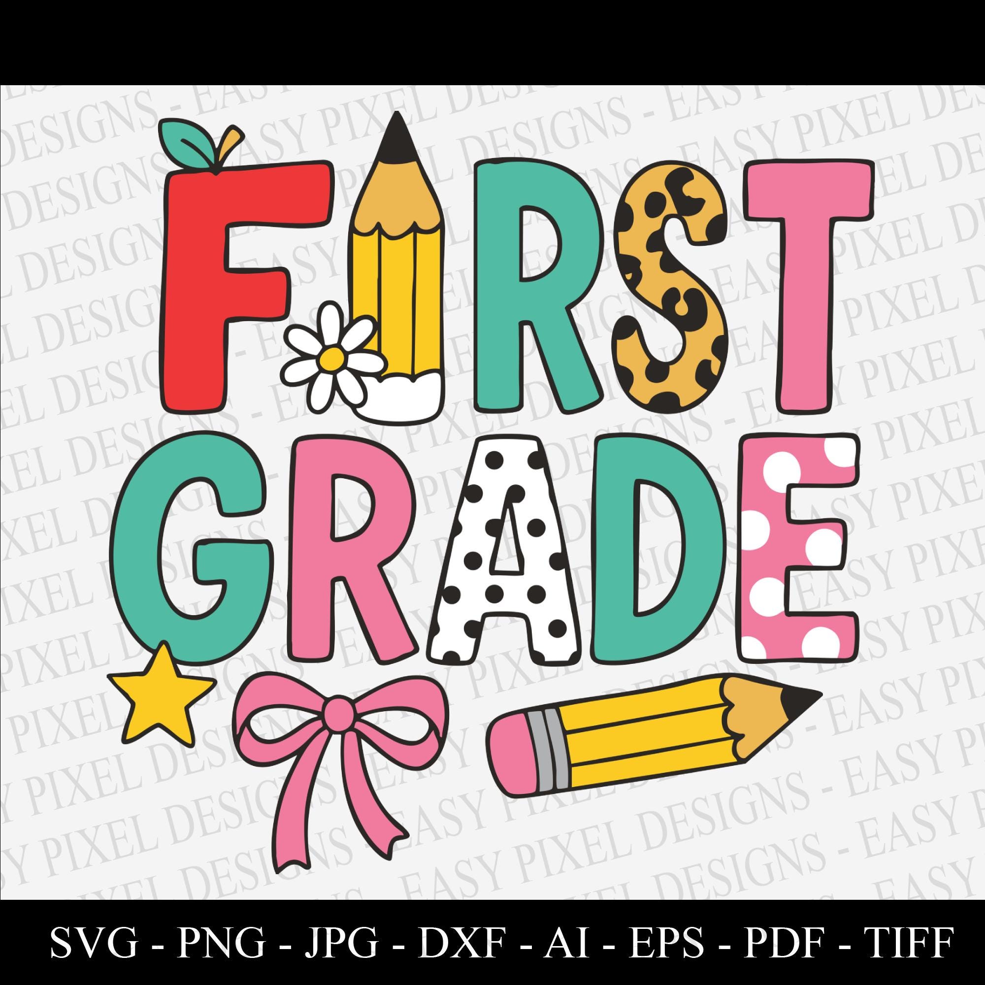 First Grade SVG PNG – Colorful School Clipart With Pencils, Polka Dots ...