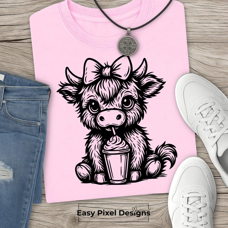 Cute Highland Cow SVG PNG – Kawaii Cow Drinking Milkshake Clipart for ...