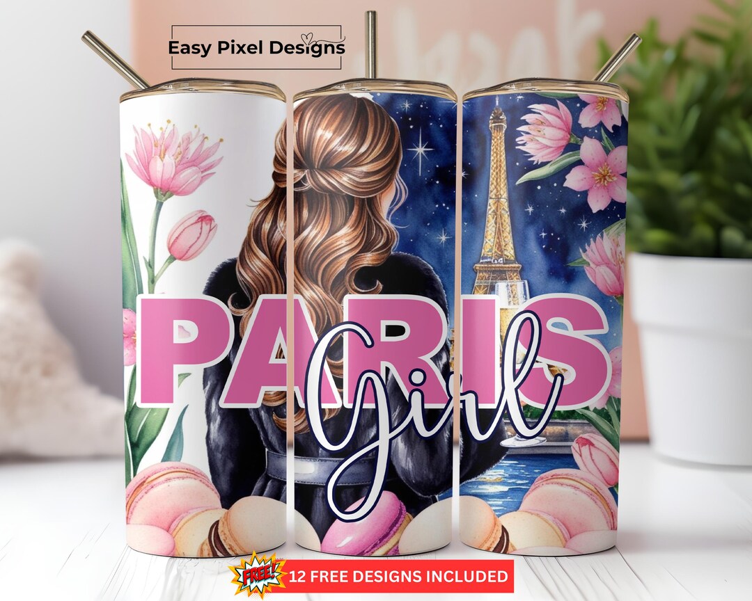 Paris Girl Tumbler Wrap PNG, 20oz Skinny Tumbler Sublimation, Eiffel ...