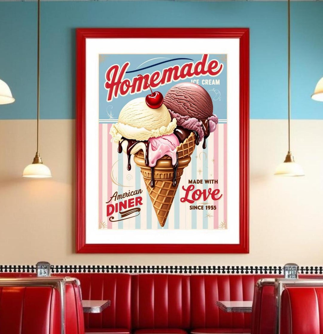 Retro Diner Poster | Vintage Ice Cream Print | American Diner Art | 50s ...