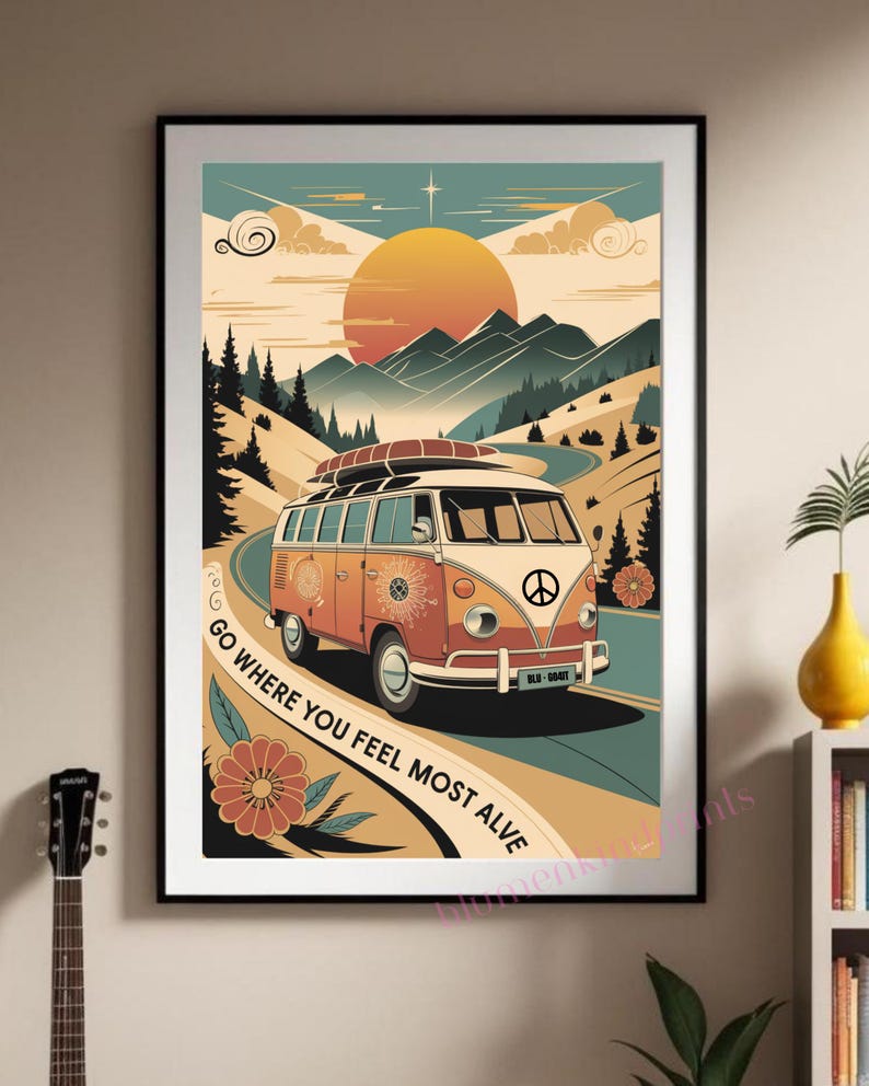 Hippie Wall Art Bus Poster | Vanlife Road Trip Digital Download | Retro ...
