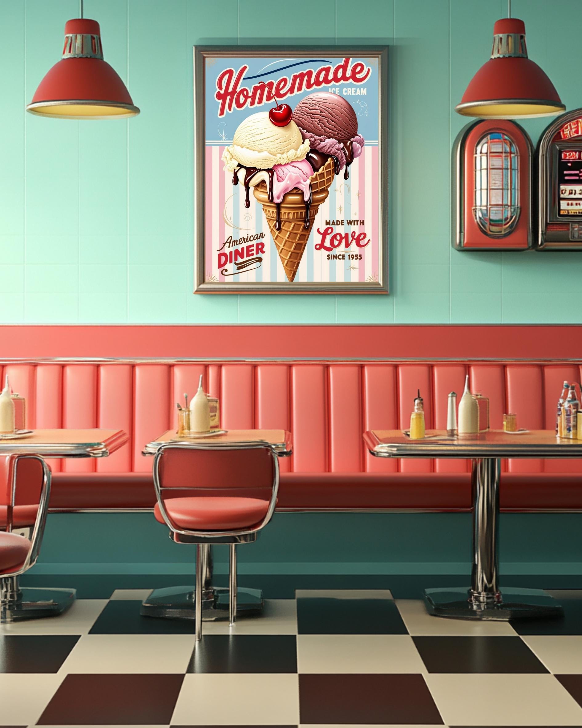 Retro Diner Poster | Vintage Ice Cream Print | American Diner Art | 50s ...