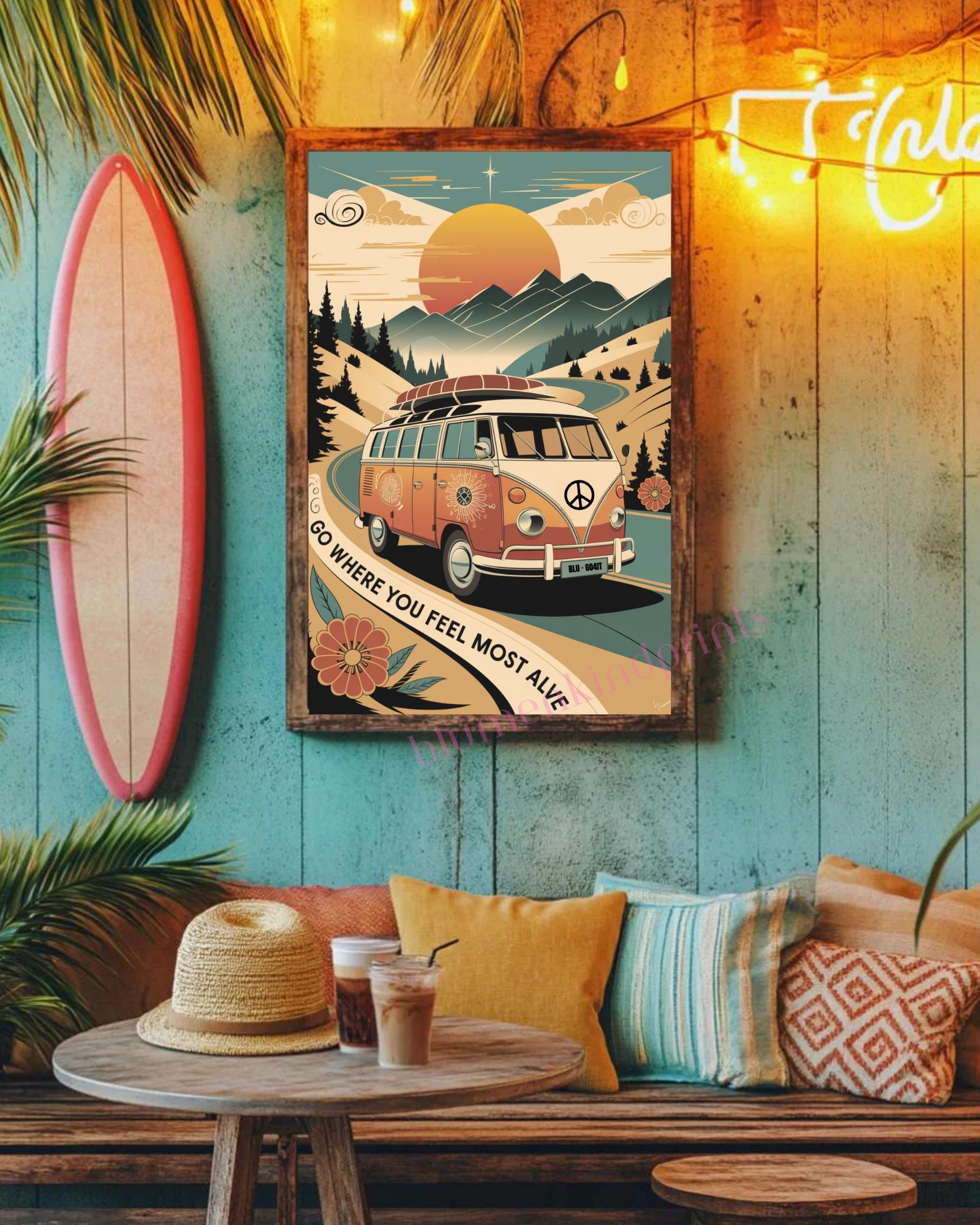Hippie Wall Art Bus Poster | Vanlife Road Trip Digital Download | Retro ...
