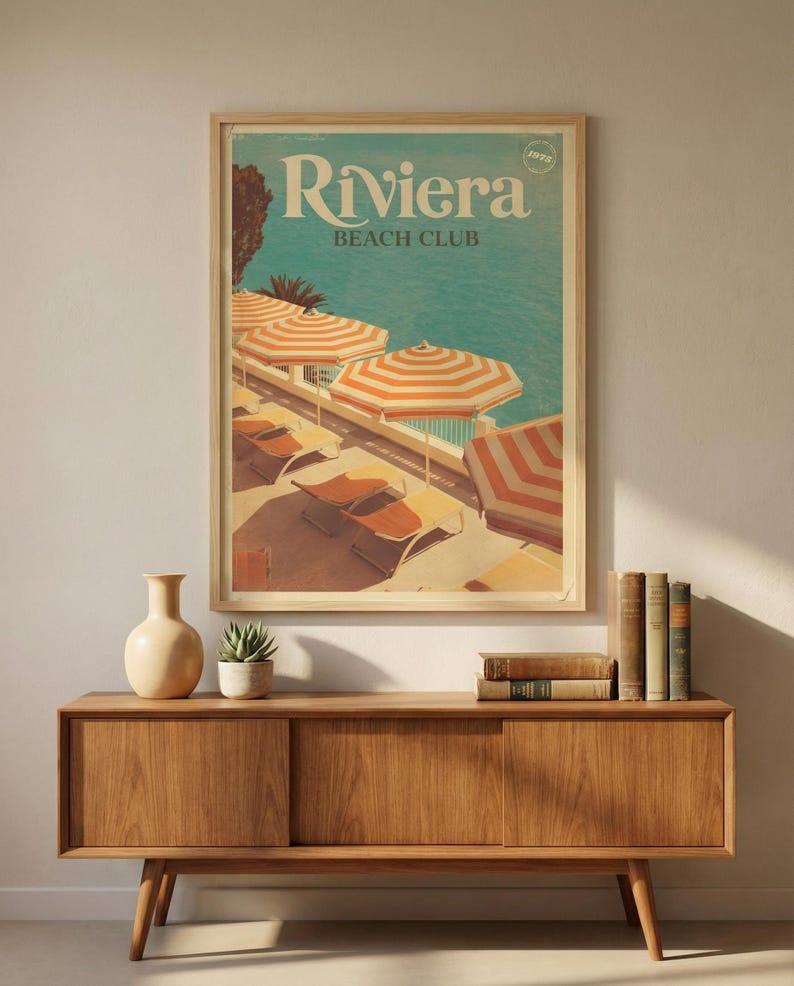 Riviera Beach Club Retro Poster | Vintage Mediterranean Travel Poster ...