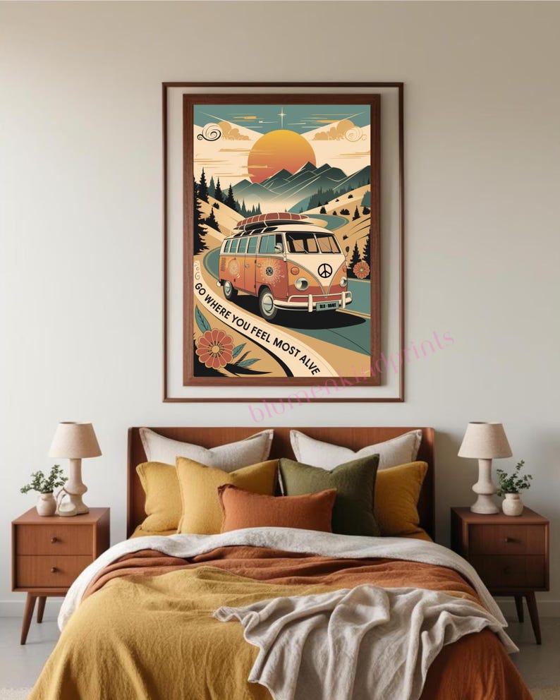 Hippie Wall Art Bus Poster | Vanlife Road Trip Digital Download | Retro ...