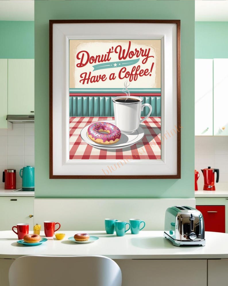 Retro Kitchen Poster Donut Coffee PDF + JPG | Vintage Diner Wall Art ...
