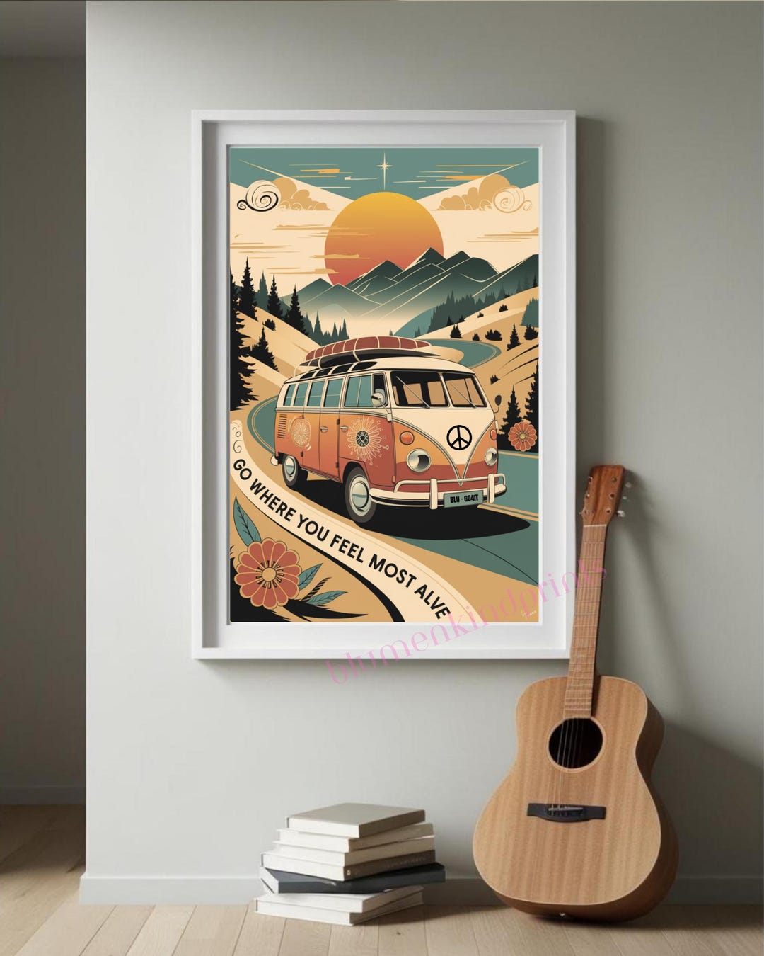 Hippie Wall Art Bus Poster | Vanlife Road Trip Digital Download | Retro 70s Boho Camper Art ...
