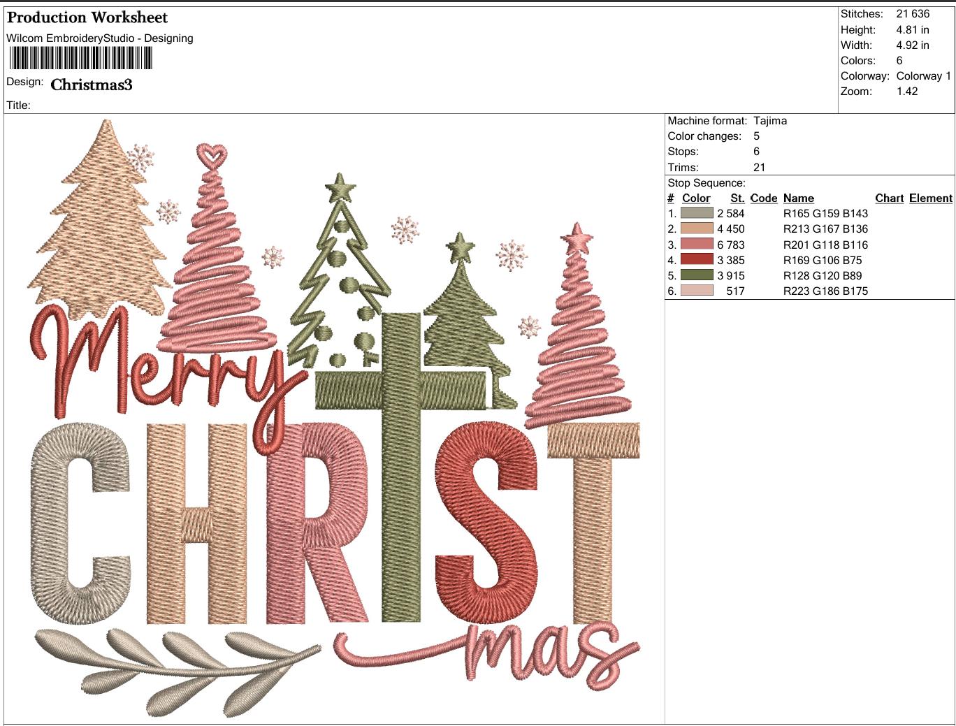Merry Christmas Embroidery Design With Cross and Trees, Christian ...