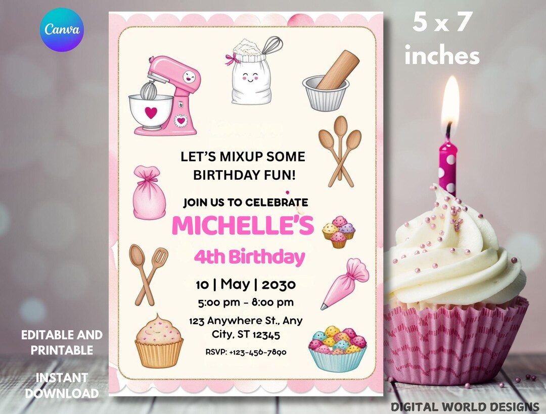 Editable Baking Birthday Invitation Template: Pink Kitchen Party ...