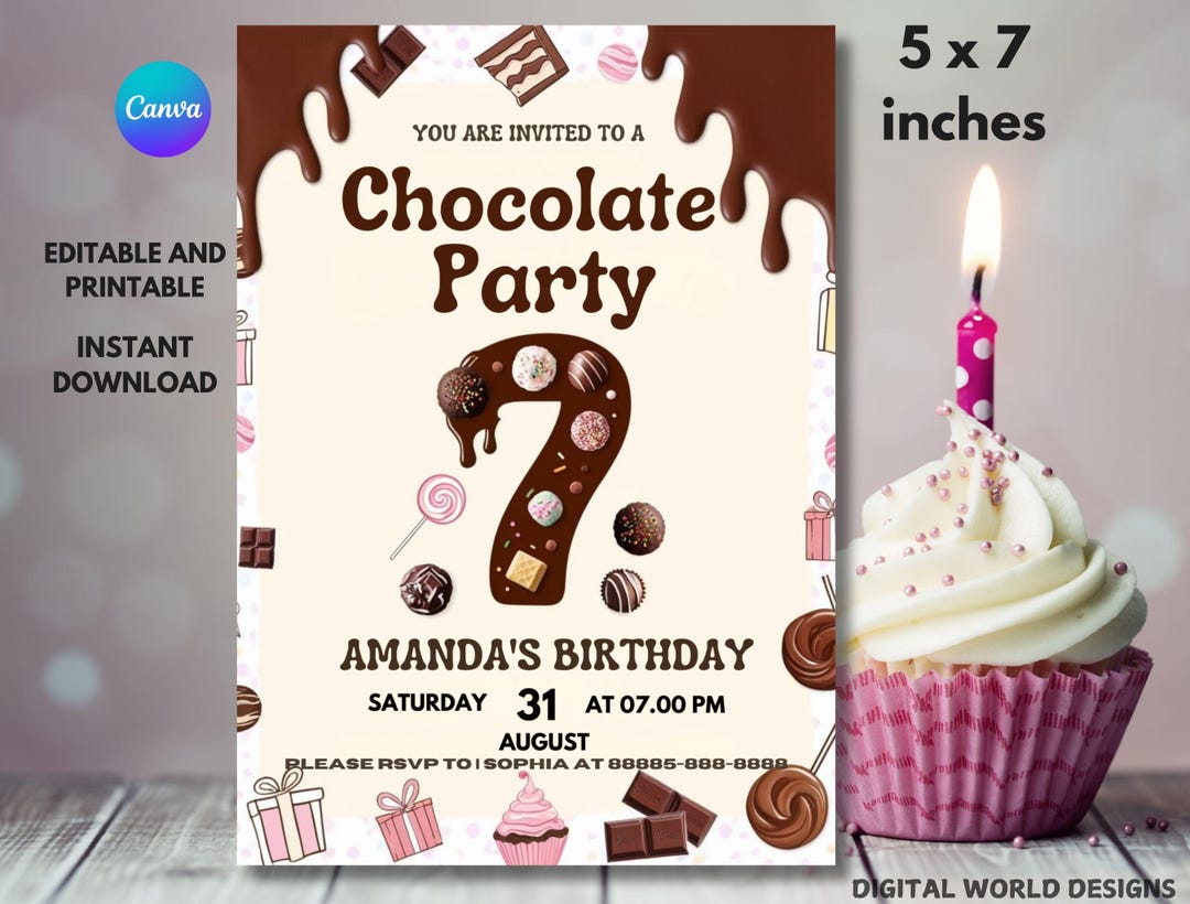 Editable Chocolate Party Invitation, Chocolate 7th Birthday Invitation ...