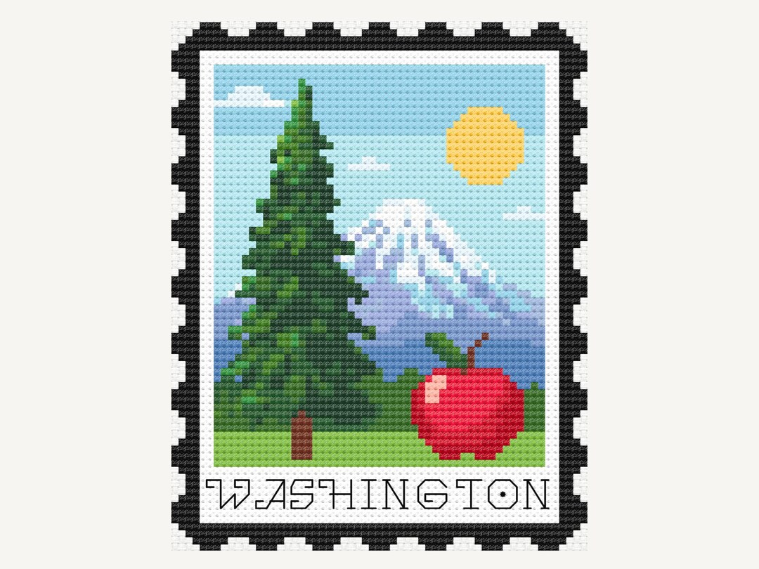 Washington Cross Stitch Pattern, Evergreen Tree & Apple Embroidery ...
