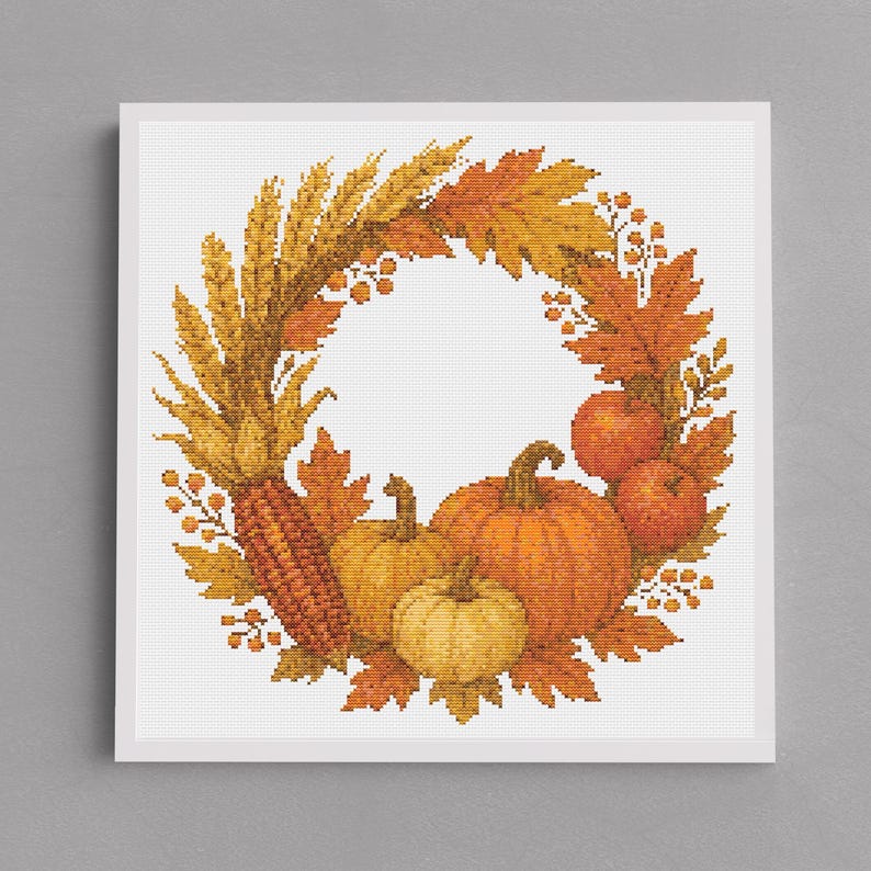 Harvest Wreath Cross Stitch Pattern, Autumn Hoop Art Embroidery, Rustic ...