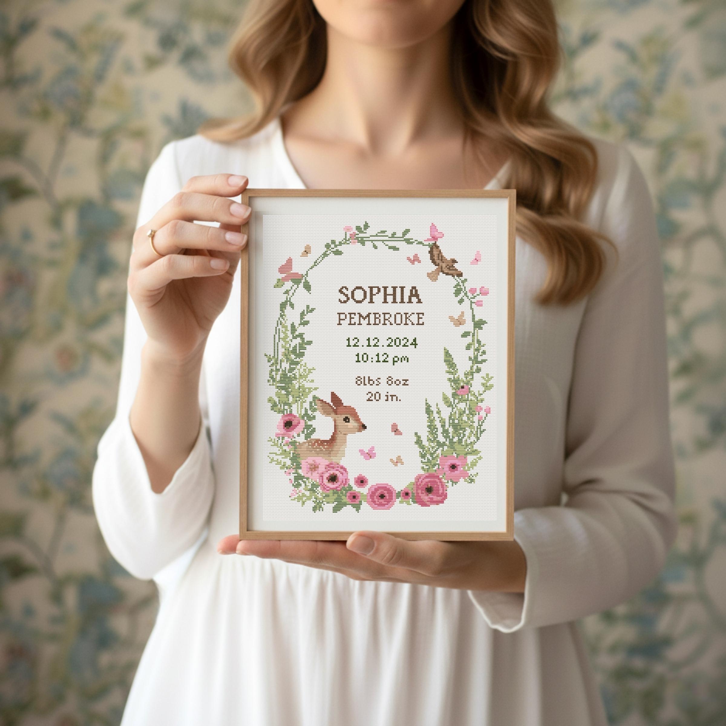 Baby Birth Announcement Cross Stitch Pattern, Woodland Deer Floral ...