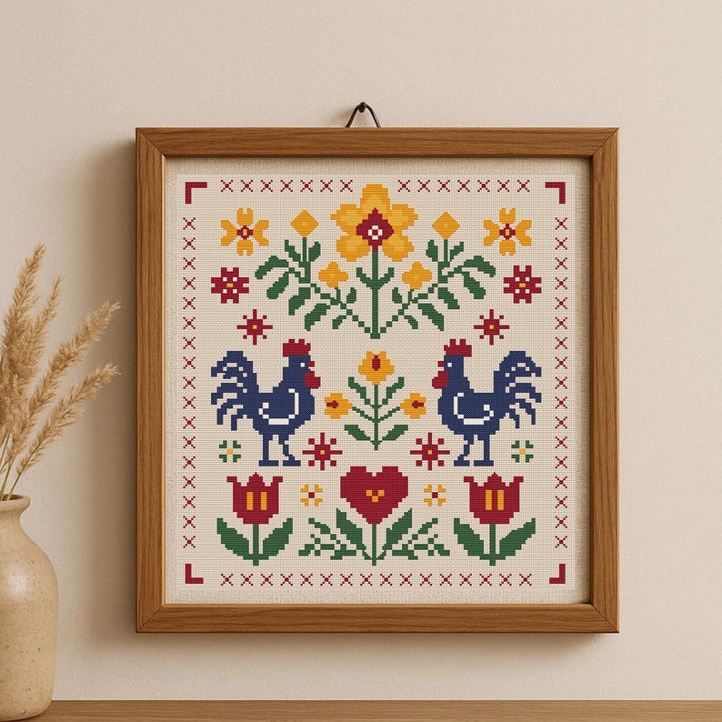Folk Art Cross Stitch Pattern, Scandinavian Rooster Embroidery, Flower ...