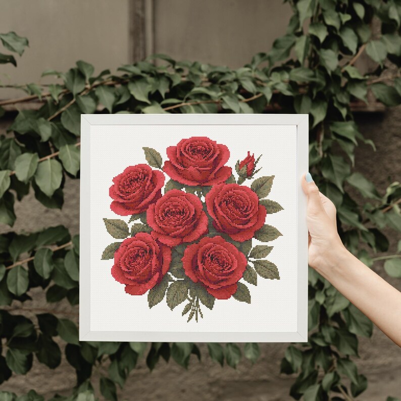 Red Roses Bouquet Cross Stitch Pattern, Counted Cross Stitch Floral ...