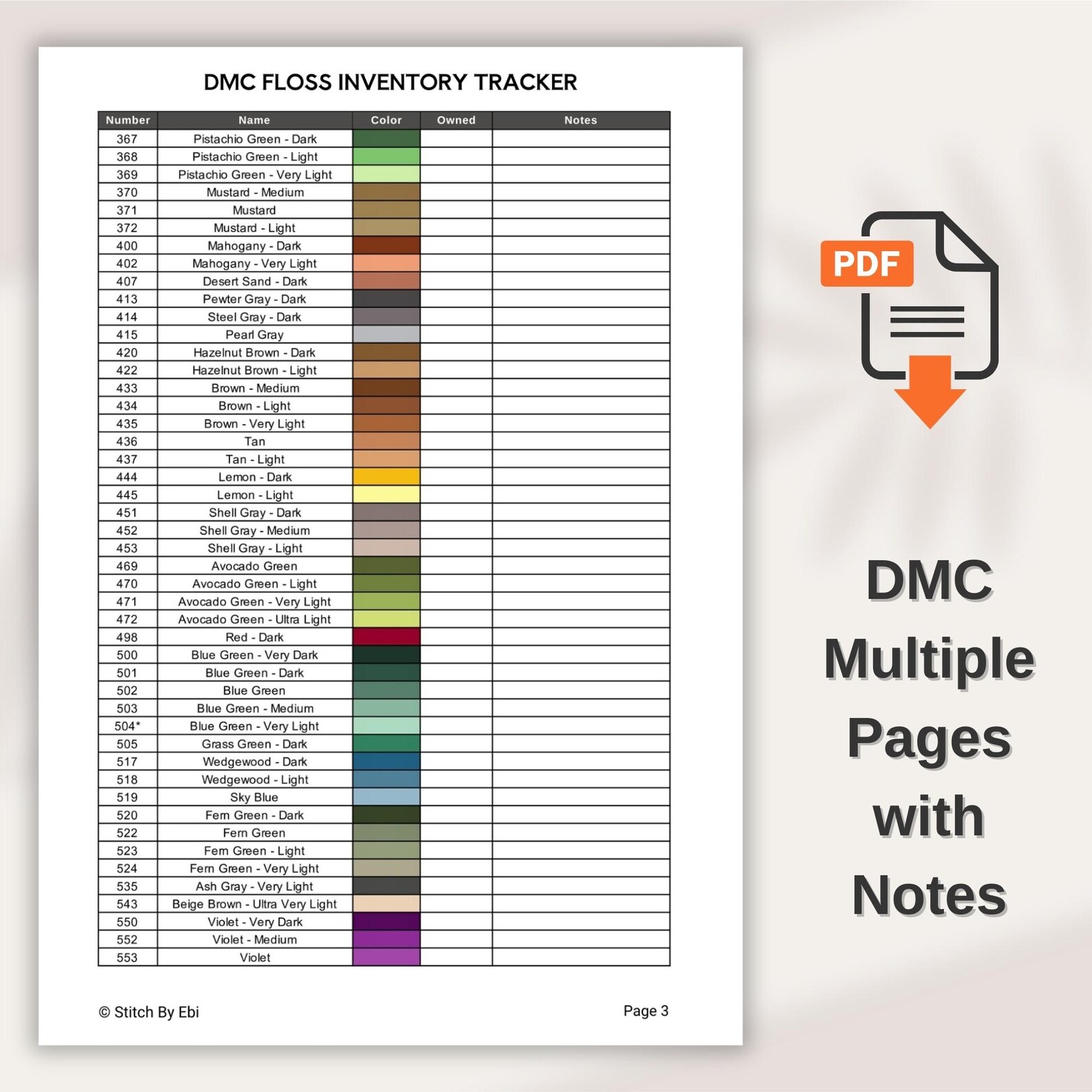 DMC Thread Color Chart | Printable Floss List PDF | Cross Stitch DMC ...
