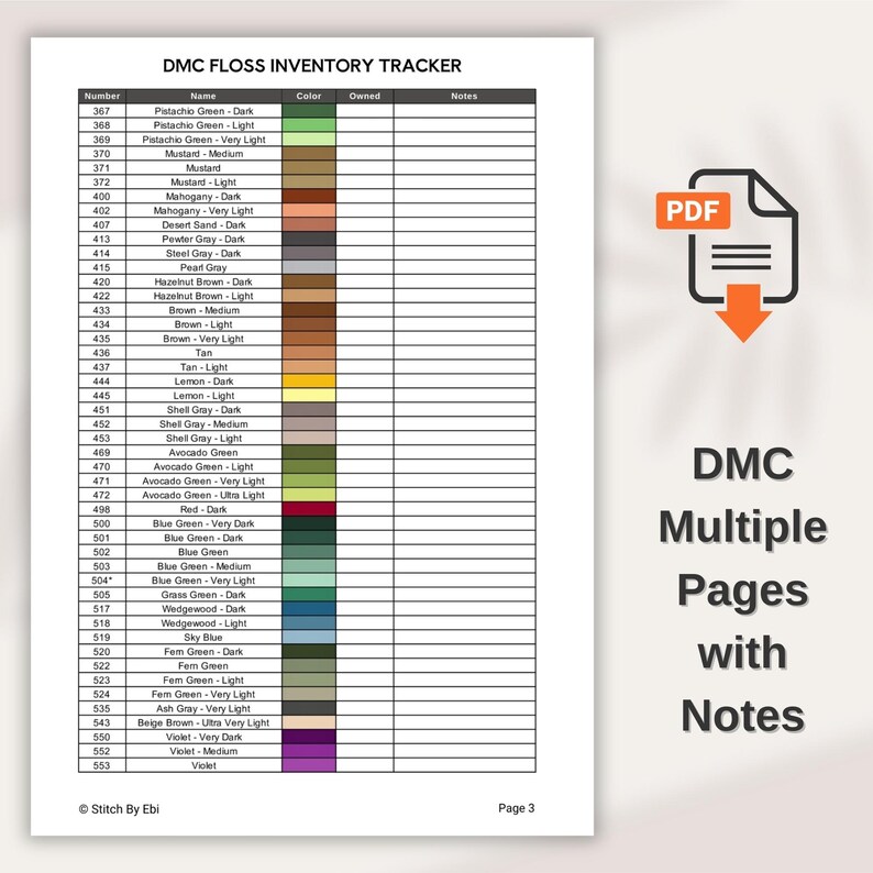 DMC Thread Color Chart | Printable Floss List PDF | Cross Stitch DMC ...