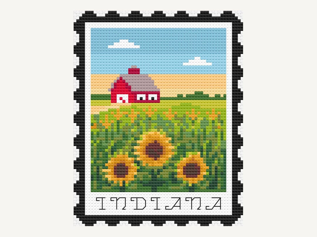 Indiana Cross Stitch Pattern, Sunflower Field Embroidery, Red Barn ...