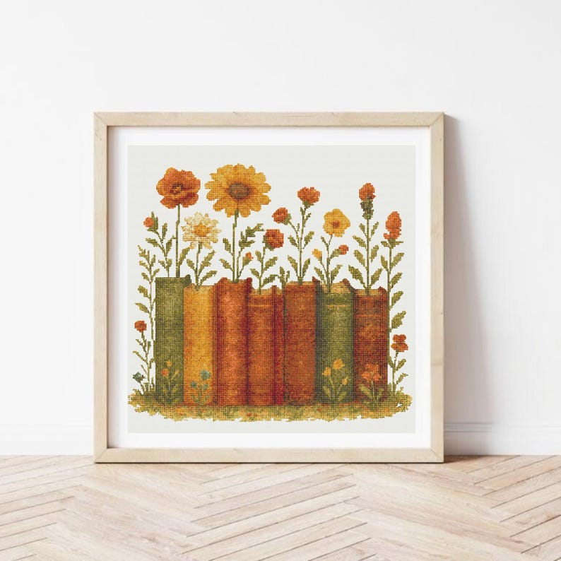 Books Cross Stitch Pattern, Bookshelf Cross Stitch, Watercolor Vintage ...