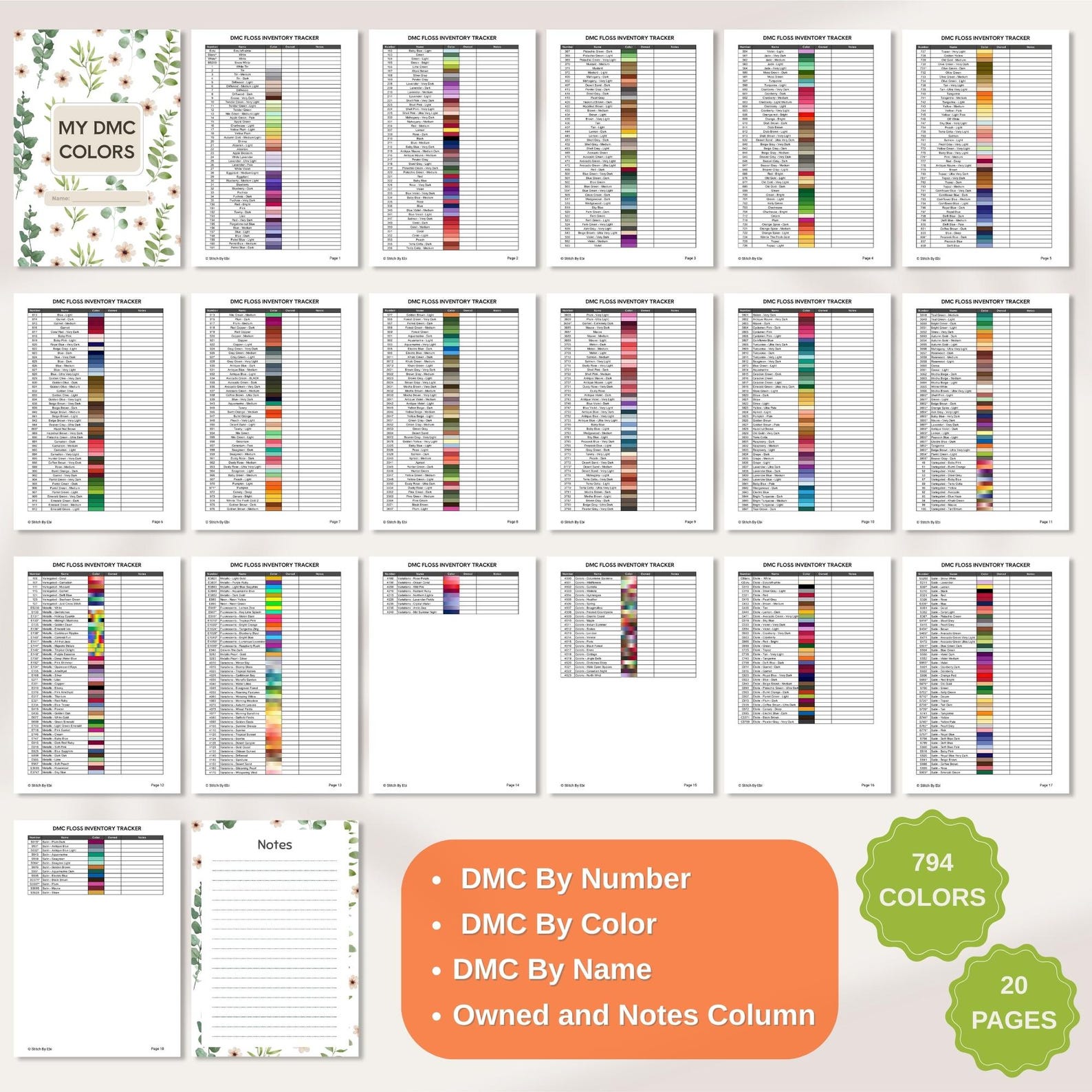 DMC Thread Color Chart | Printable Floss List PDF | Cross Stitch DMC ...