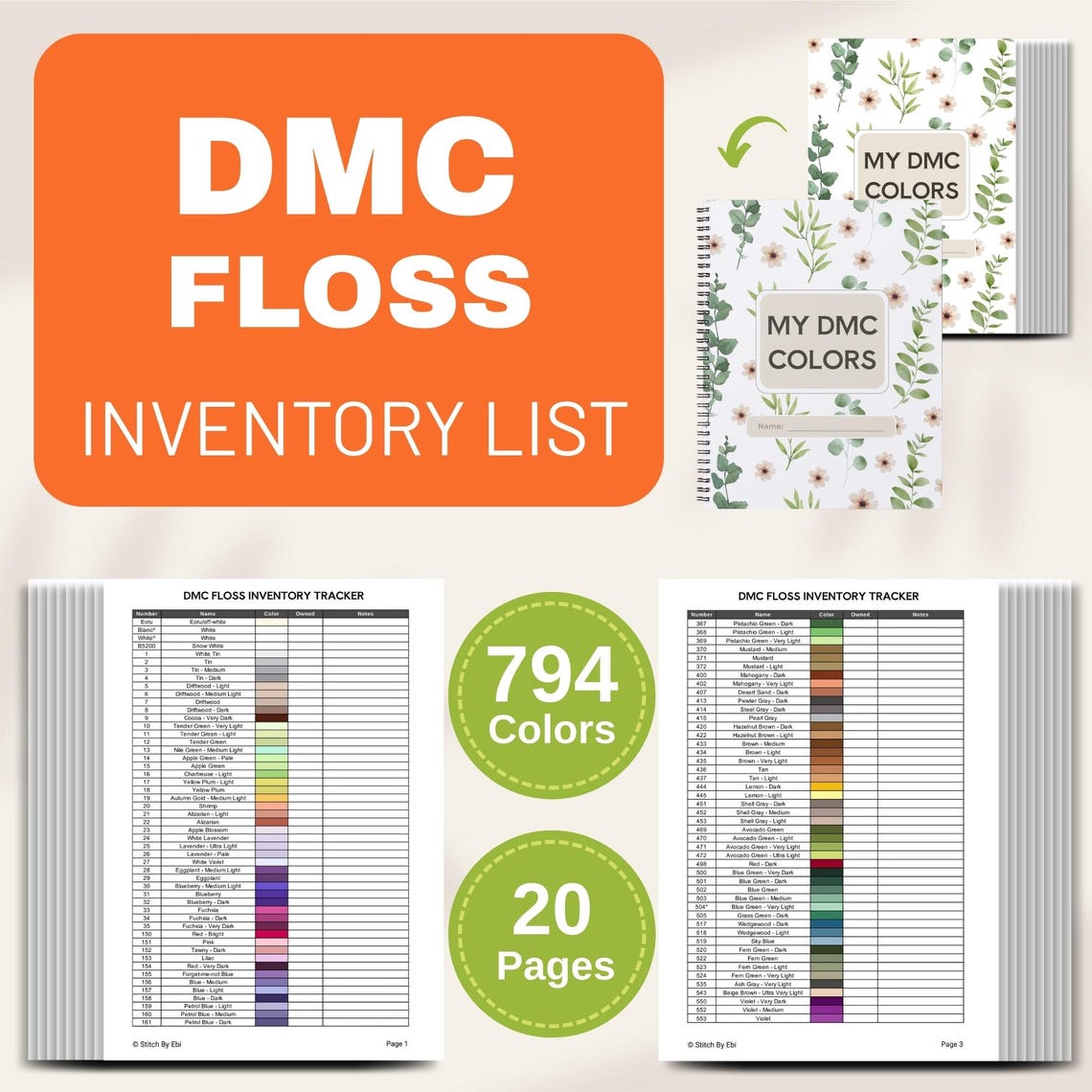 DMC Thread Color Chart | Printable Floss List PDF | Cross Stitch DMC ...