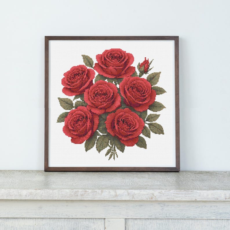 Red Roses Bouquet Cross Stitch Pattern, Counted Cross Stitch Floral ...