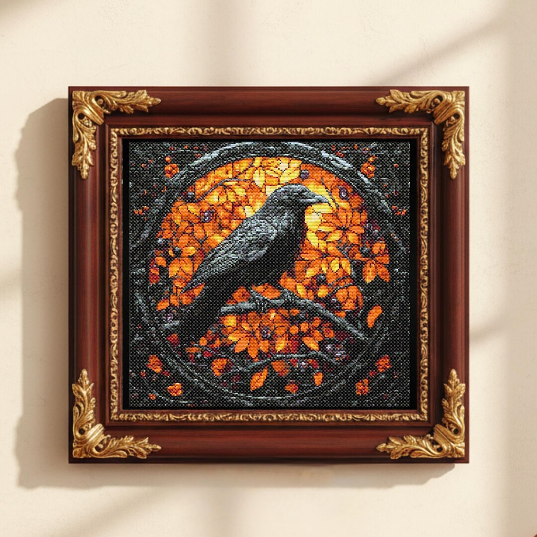 Raven Cross Stitch Pattern, Gothic Crow Embroidery, Stained Glass ...