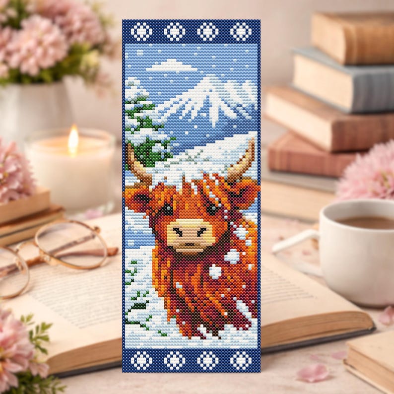 Highland Cow Bookmark Cross Stitch Pattern PDF, Snowy Scotland Winter ...