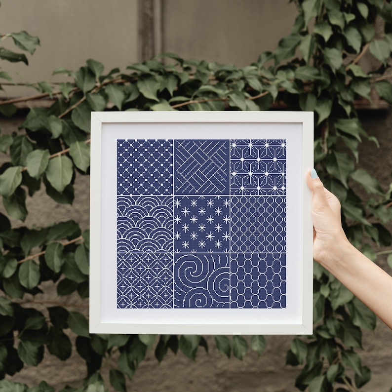 Japanese Sashiko Cross Stitch Pattern, Traditional Blue White Geometric ...