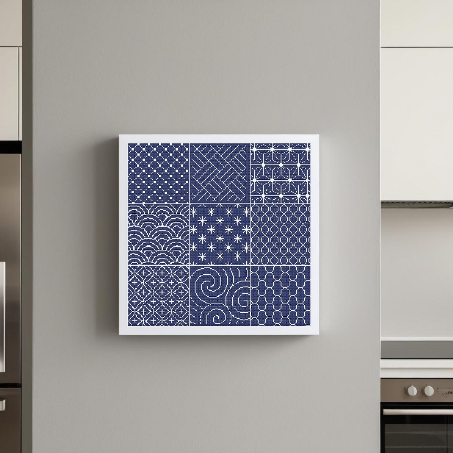 Japanese Sashiko Cross Stitch Pattern, Traditional Blue White Geometric ...