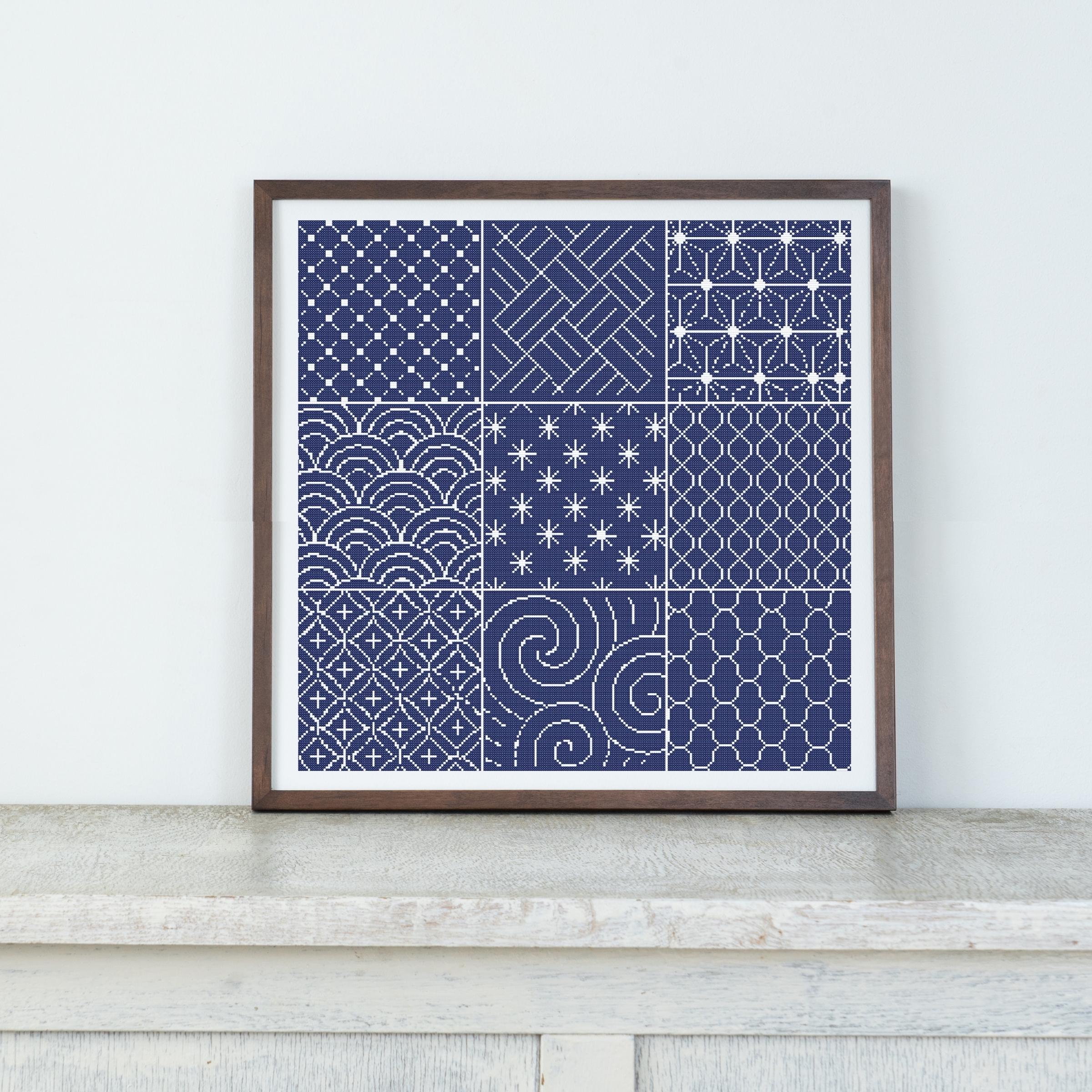 Japanese Sashiko Cross Stitch Pattern, Traditional Blue White Geometric ...