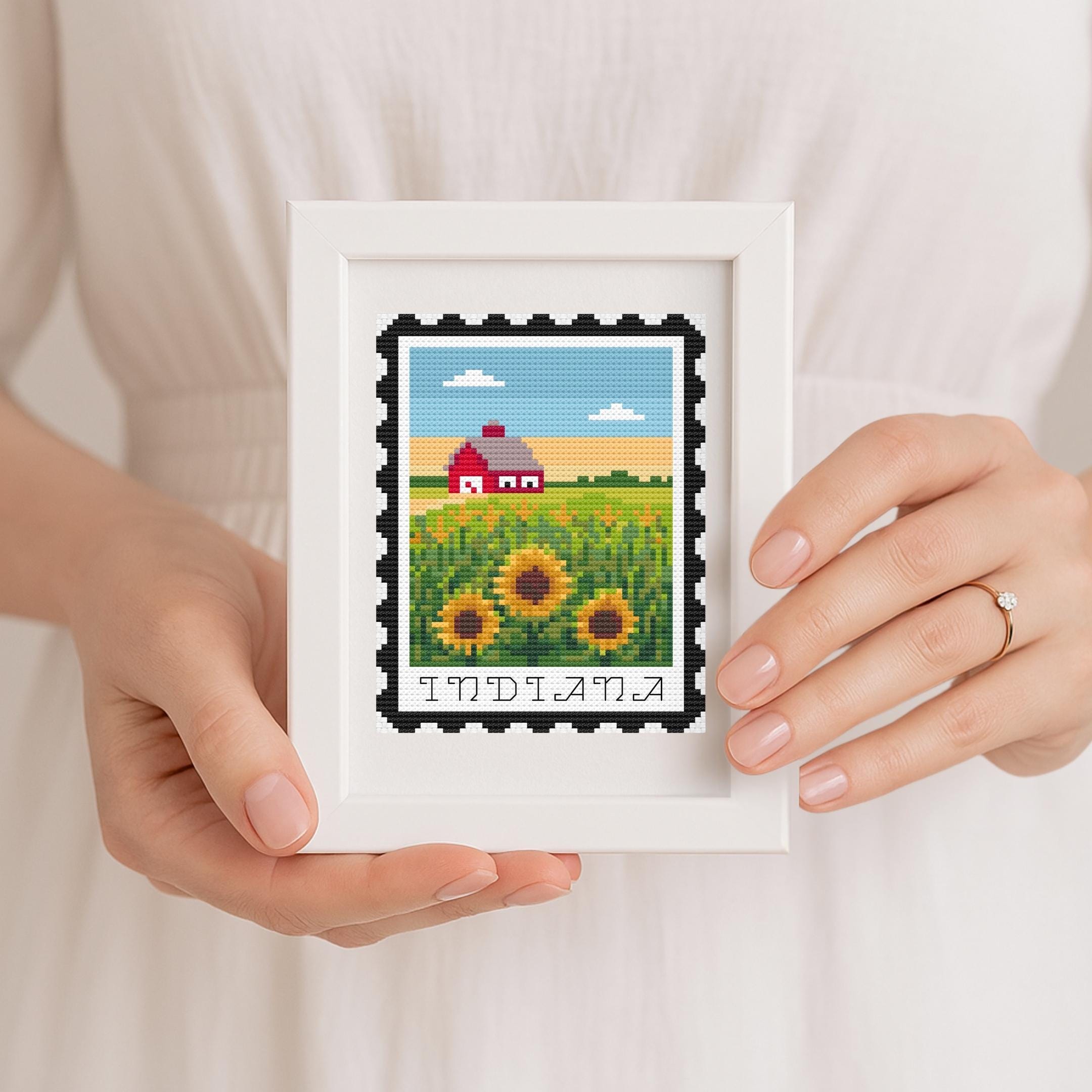 Indiana Cross Stitch Pattern, Sunflower Field Embroidery, Red Barn ...
