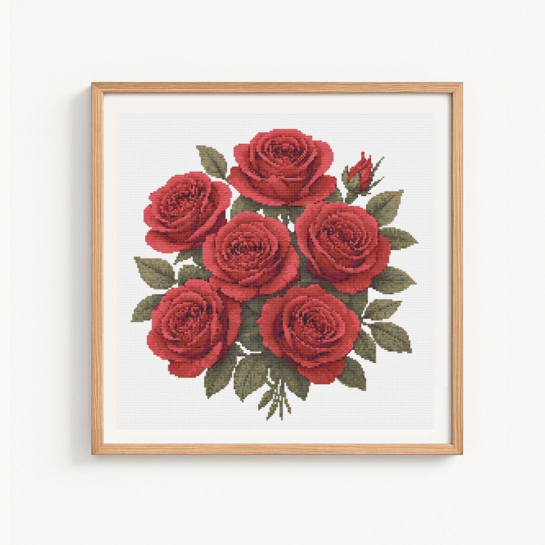 Red Roses Bouquet Cross Stitch Pattern, Counted Cross Stitch Floral ...